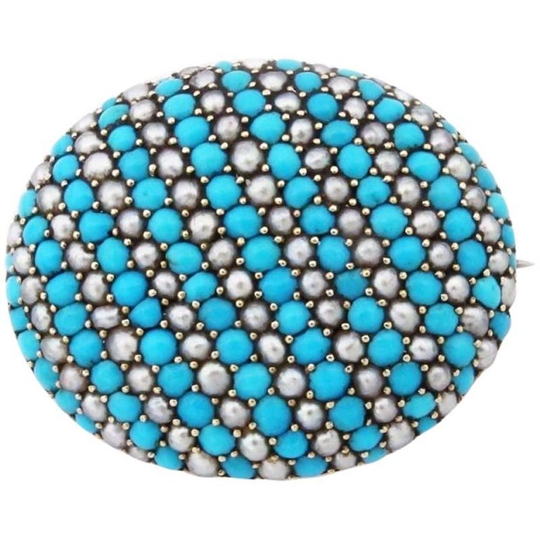 Antique Pearl and Turquoise Brooch For Sale at 1stDibs