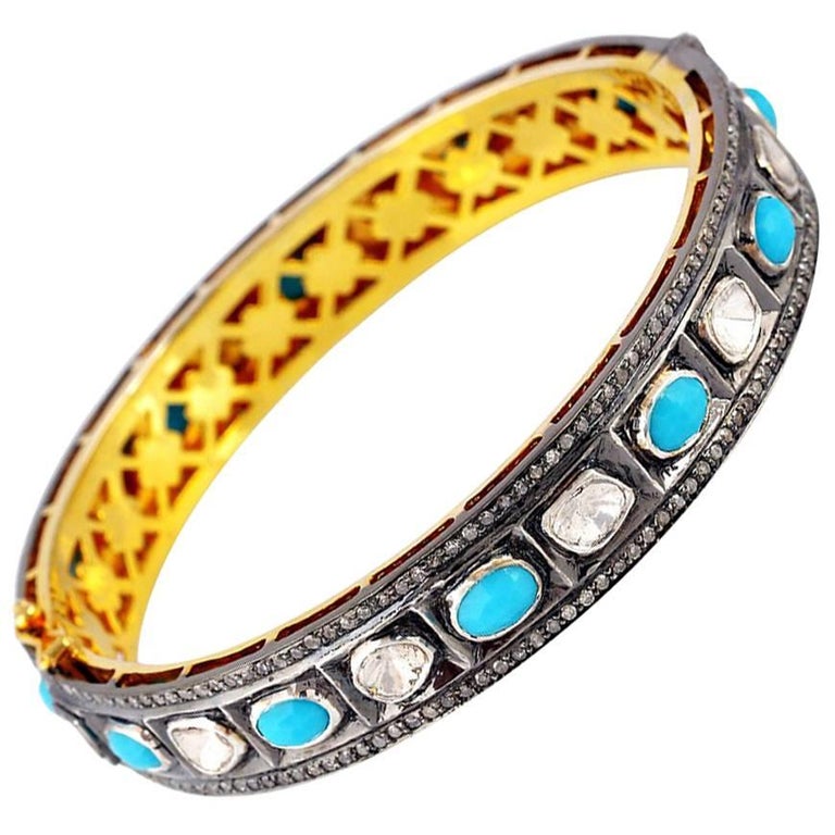 Rosecut Diamond and Turquoise Bangle at 1stDibs