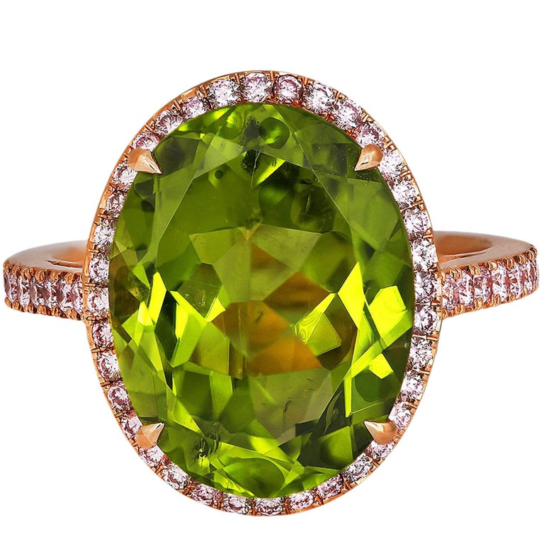 8.45 Carat Peridot Pink Diamond Rose Gold Ring For Sale at 1stdibs