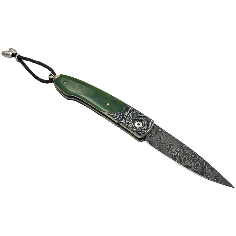 William Henry Damascus Steel Knife with Jade Handle and Smaug Carved ...