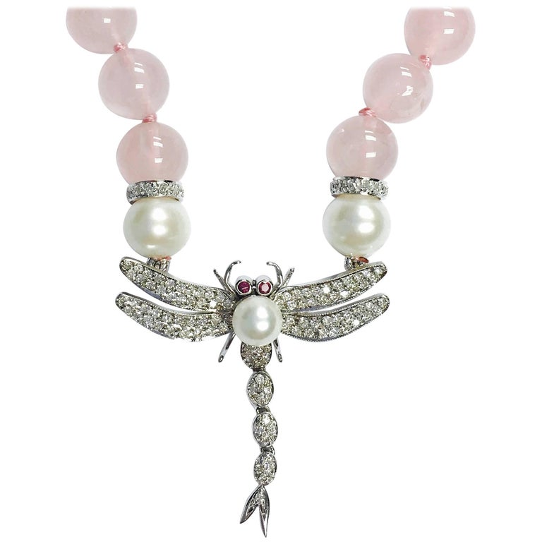 Diamond Rose Quartz Pearl and Ruby Dragonfly Necklace For Sale at ...