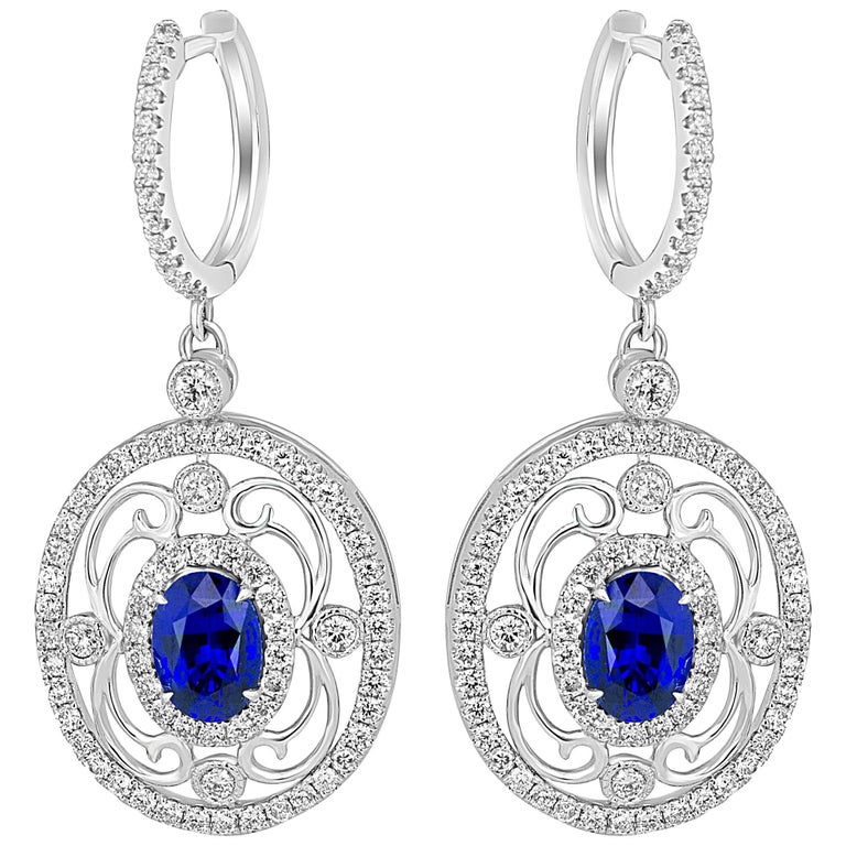 Oval Cut Blue Sapphire and Diamond Dangle Earrings For Sale at 1stdibs Oval Cut Blue Sapphire and Diamond Dangle Earrings For Sale at 1stdibs