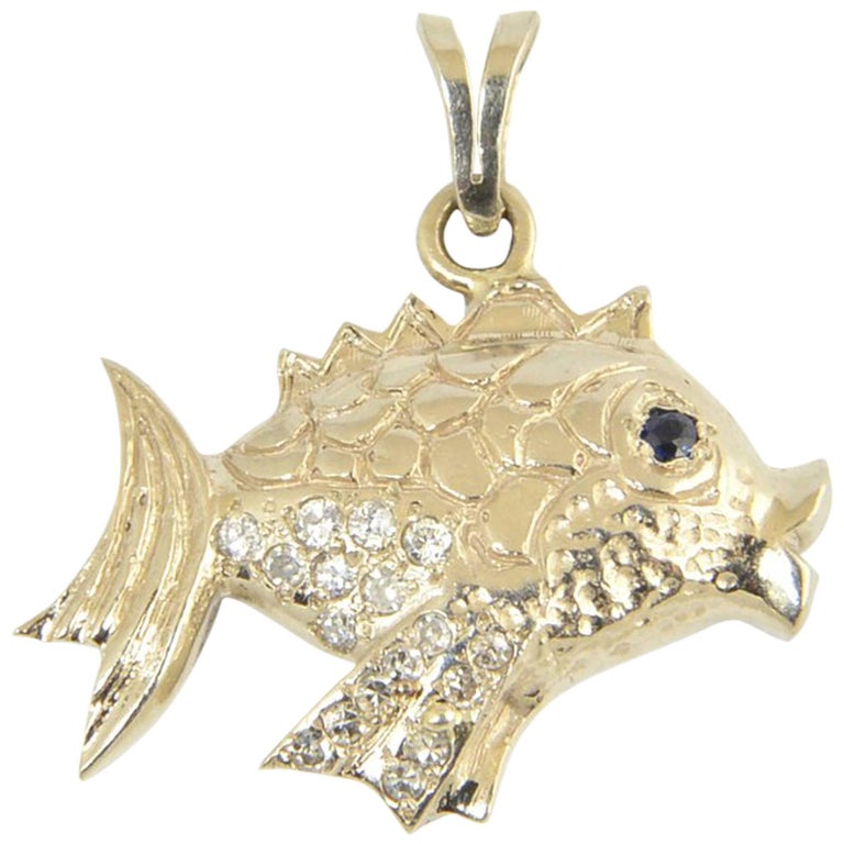 Vintage Diamond Sapphire and Gold Fish Charm Pendant For Sale (Free ...