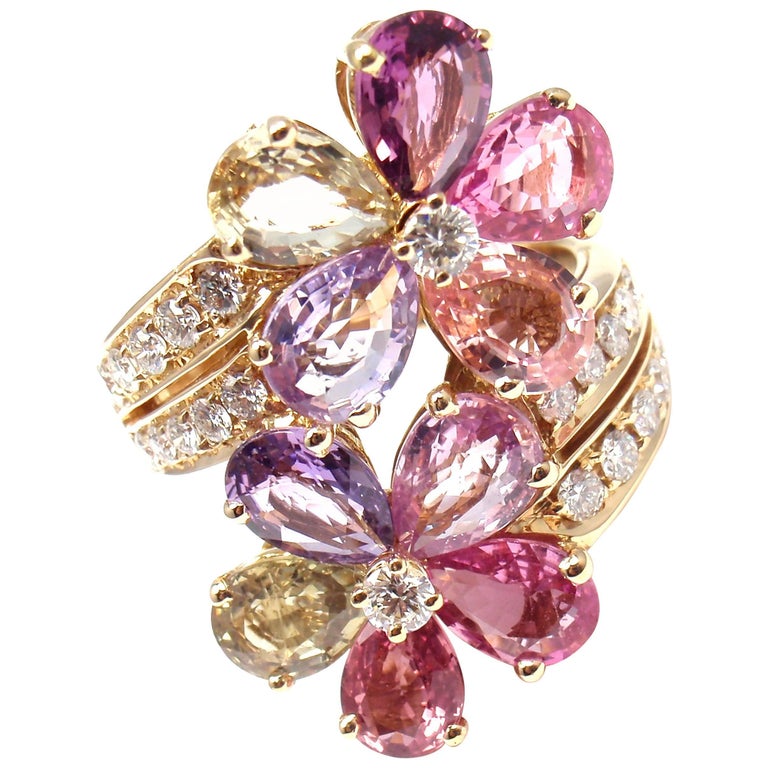 Bulgari Fancy Color Sapphire Diamond Gold Flower Cocktail Ring at ...