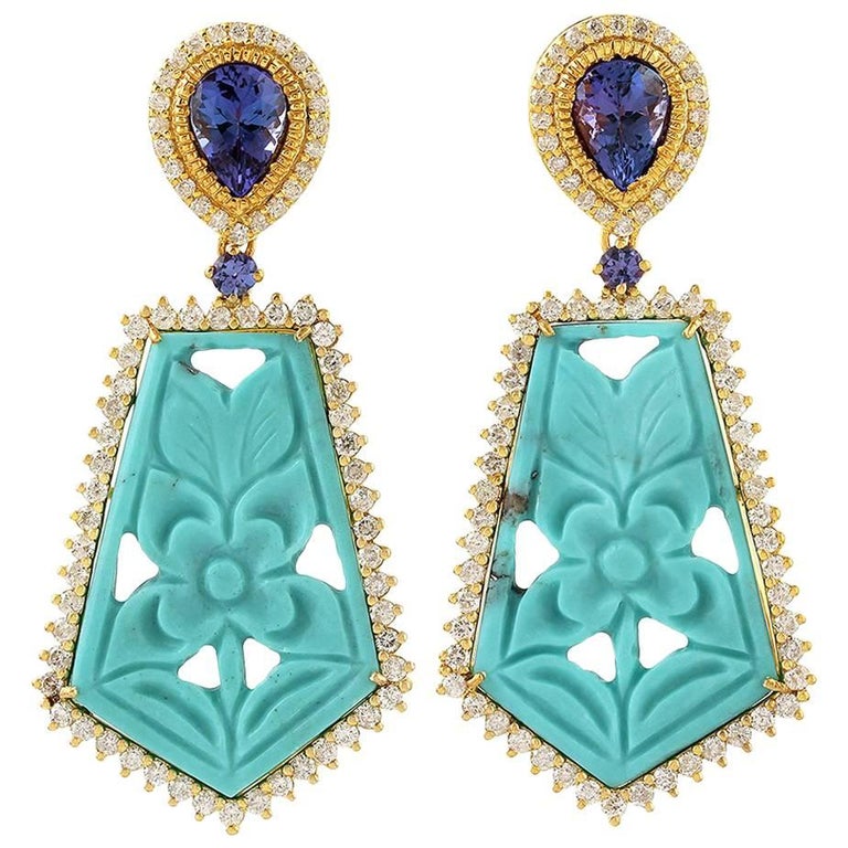 Carved Turquoise Earring with Diamonds and Tanzanite at 1stDibs