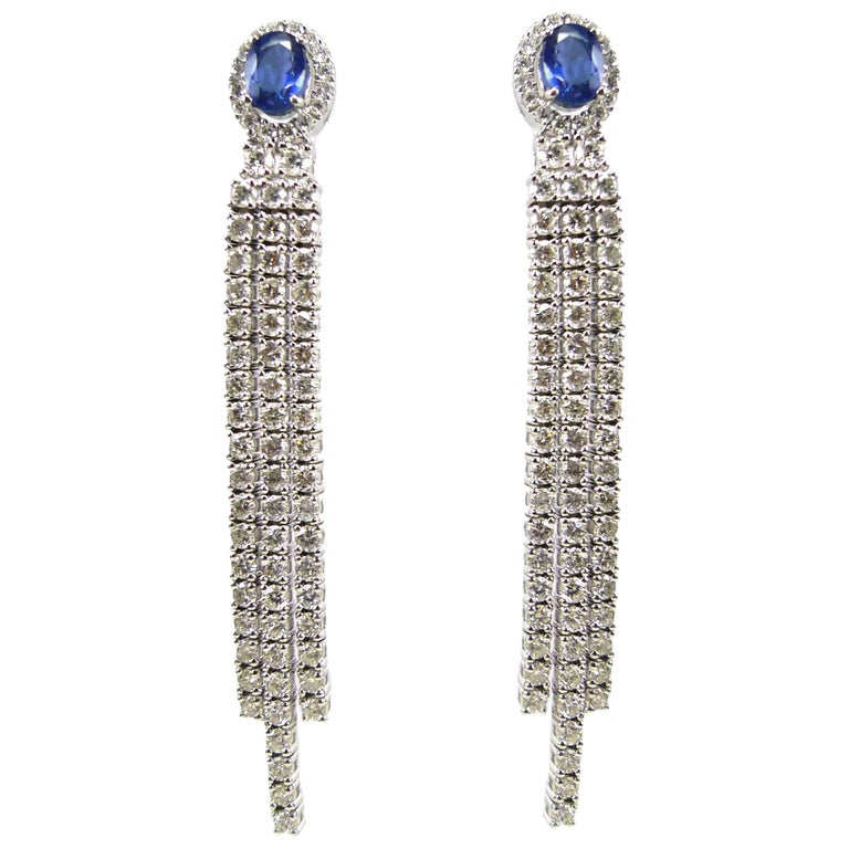 Blue Sapphire Diamond Linear Drop Earring For Sale at 1stDibs