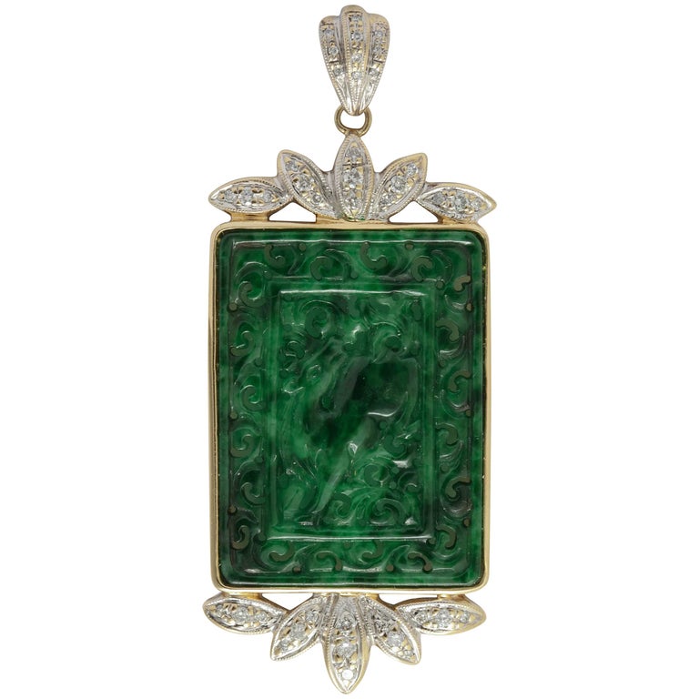 Modern Carved Chinese Jadeite and Diamond Pendant at 1stDibs