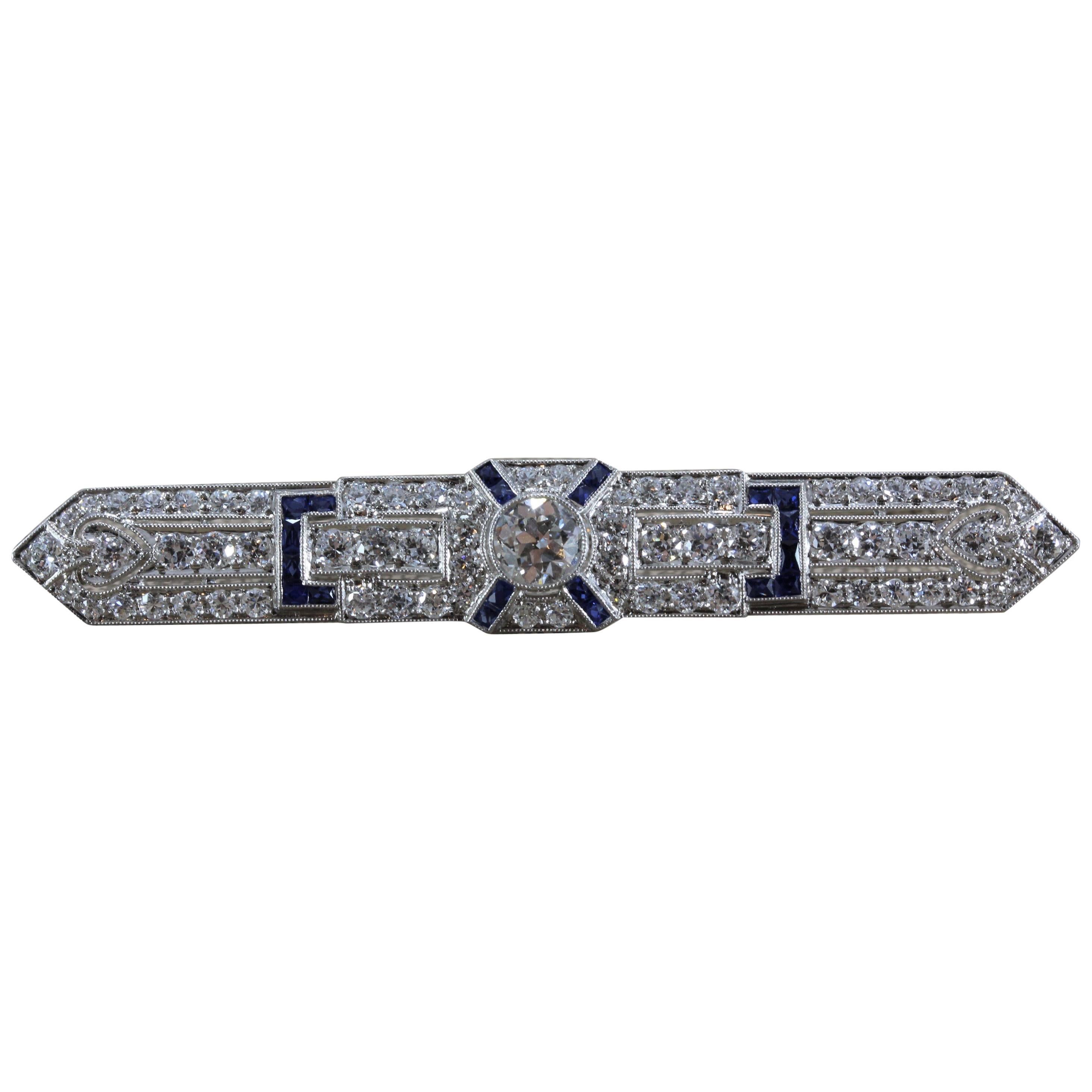Art Deco Diamond Sapphire Platinum Bar Pin Brooch at 1stDibs | art deco ...