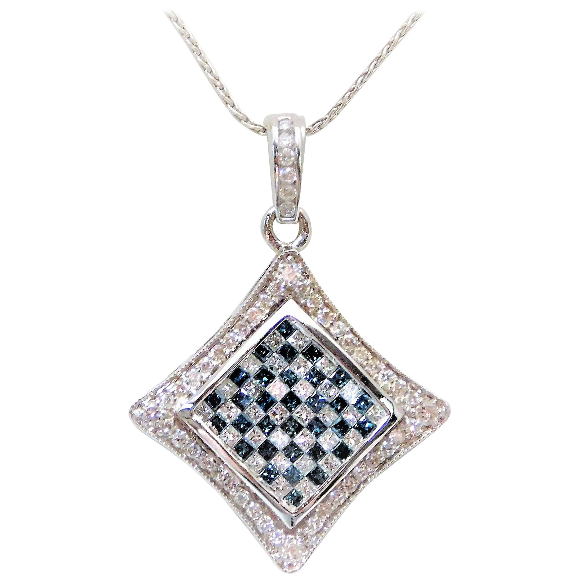 White and Blue-Green Diamond Checker Board Pendant Necklace For Sale at ...