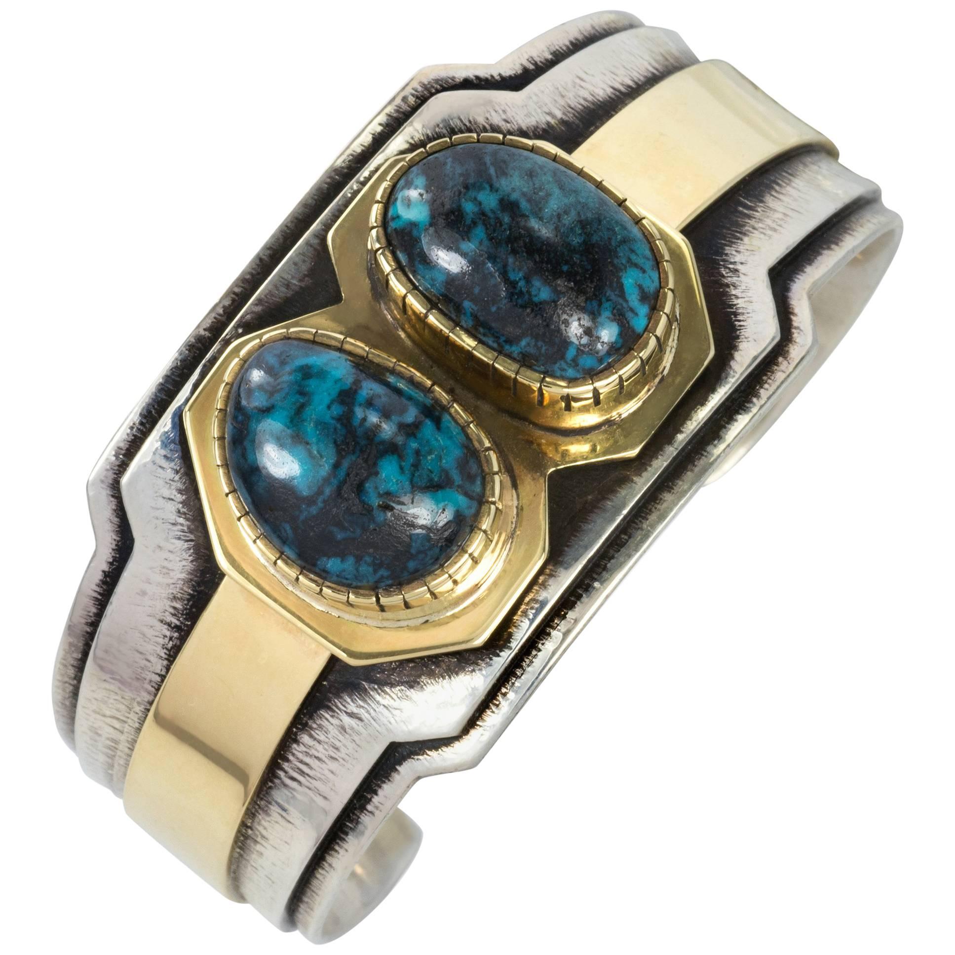 Anthony Sanchez Gold, Silver and Blue Diamond Turquoise Cuff Bracelet ...