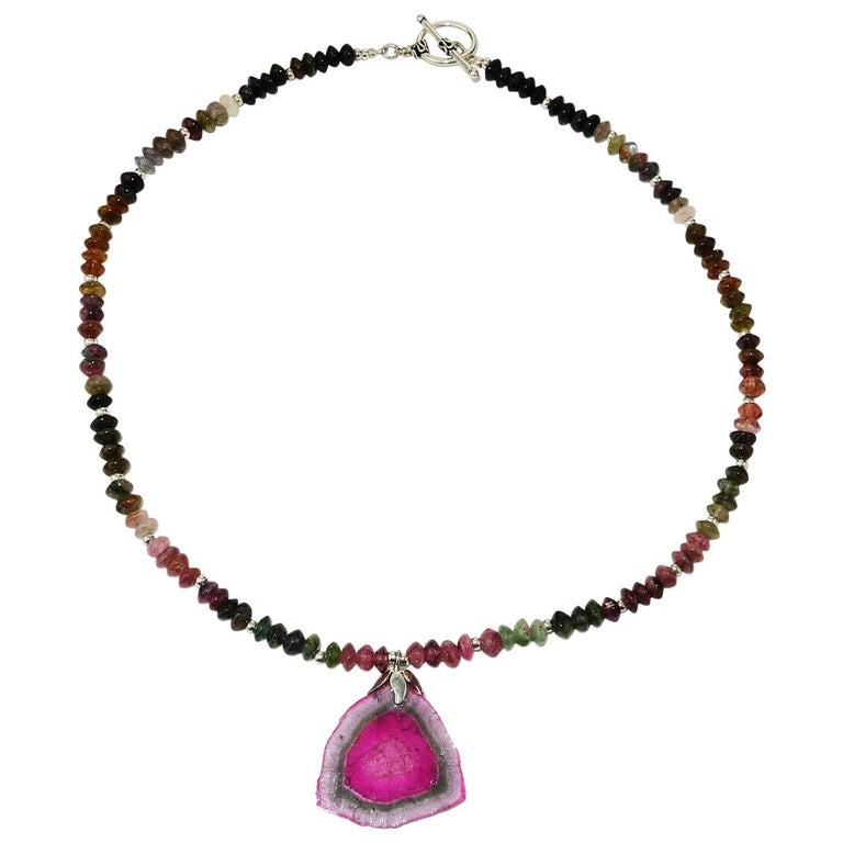 Watermelon Tourmaline Slice on Multi-Color Tourmaline Rondel Necklace ...
