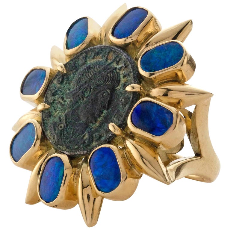 1884 Collection Ancient Roman Coin Opal Yellow Gold Cocktail Ring For ...