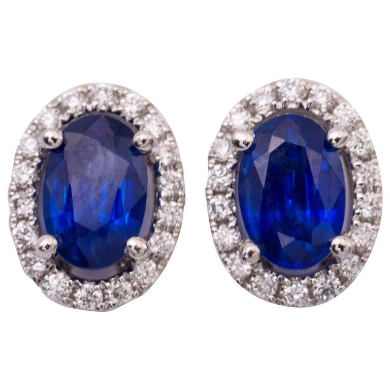 Oval Sapphire and Diamond Studs Halo Earrings For Sale at 1stDibs