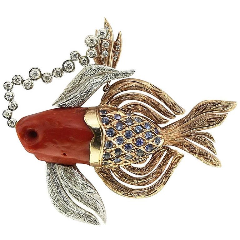 Diamonds, Blue Sapphires, Red Coral, 14K Rose Gold, Fish Shape Pendant ...