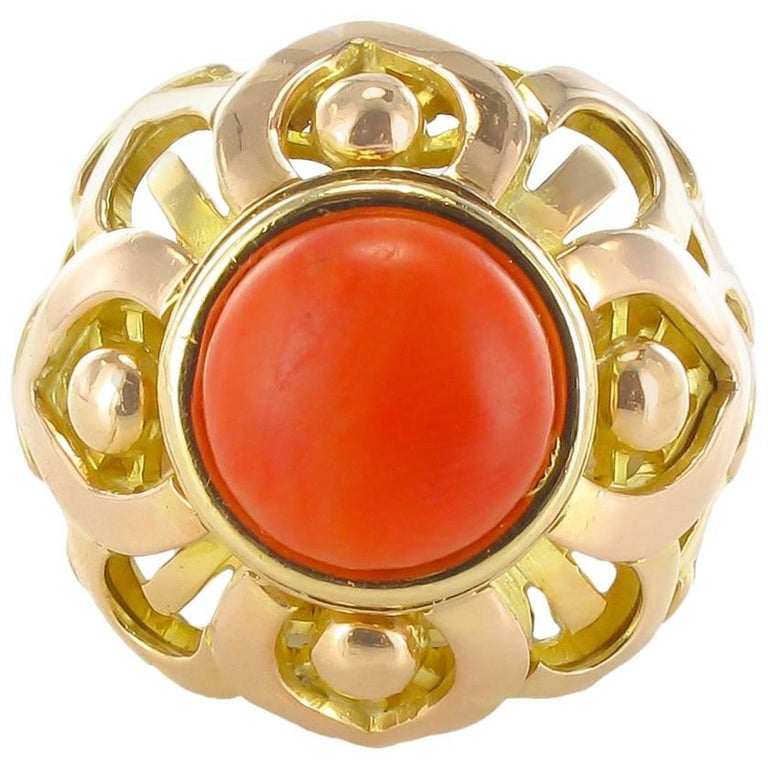 French Vintage 1980s Mediterranean Coral Gold Dome Ring For Sale at 1stDibs