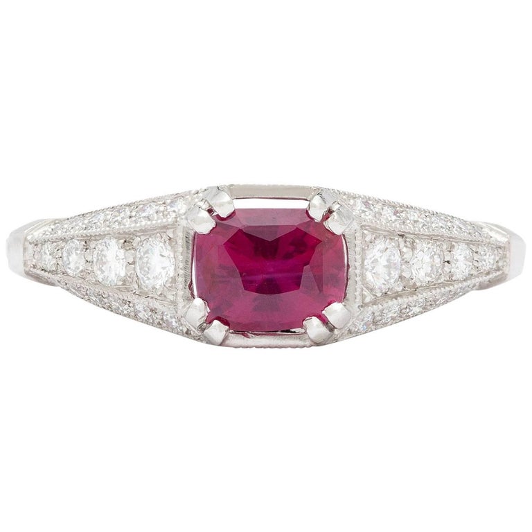 GIA Natural Unheated Ruby in Custom French Platinum Diamond Mounting at ...