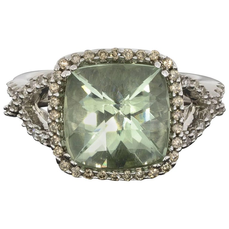 Effy Cushion Green Amethyst and Diamond Halo Twist White Gold Ring at ...