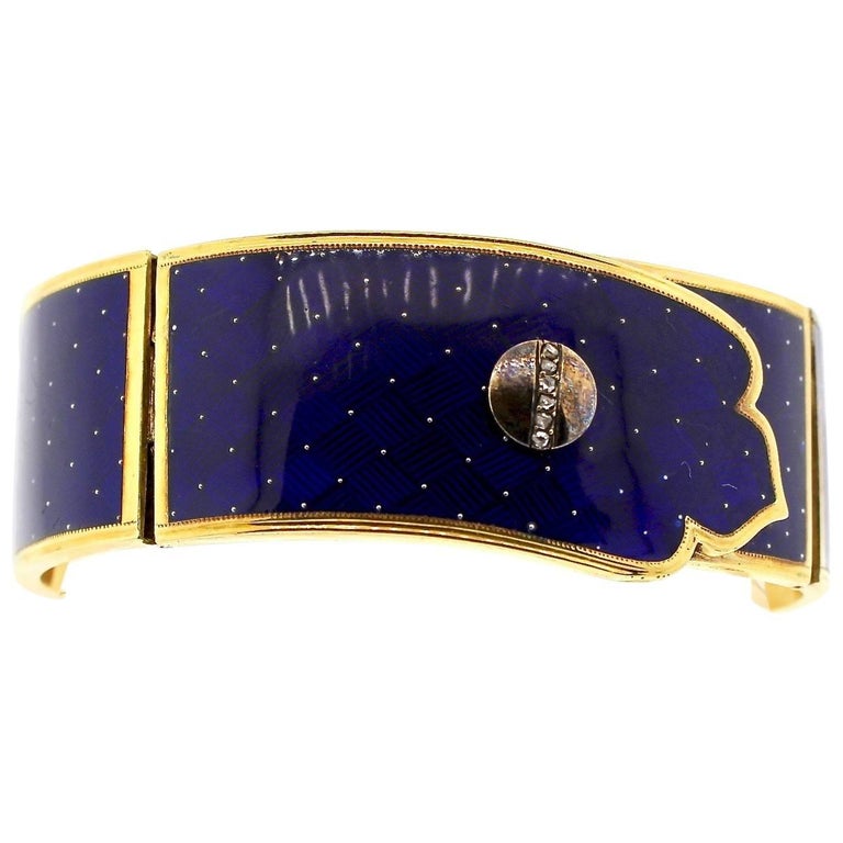 Antique Victorian Blue Guilloché Enamel Gold and Diamond Cuff Bracelet ...