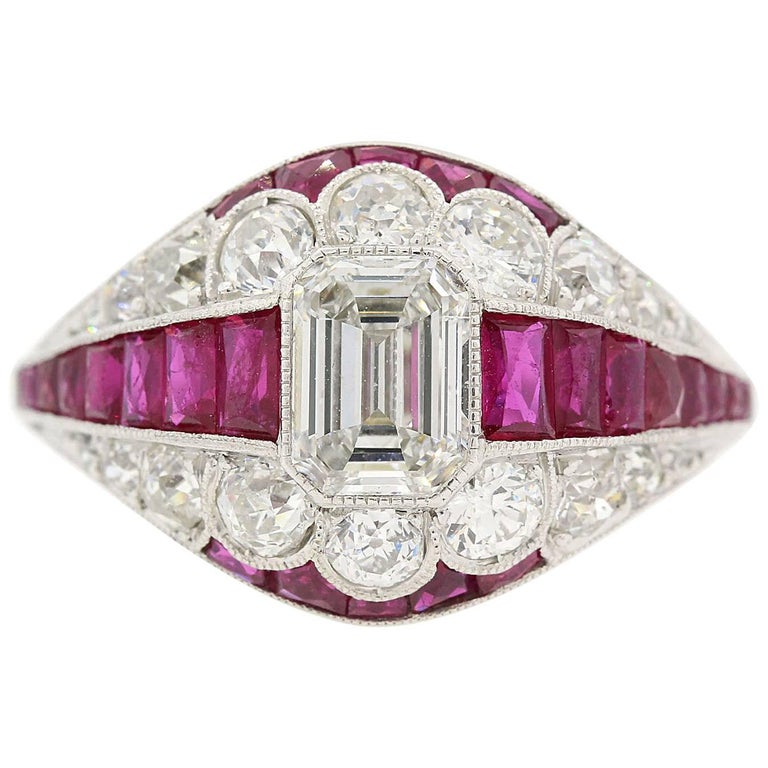 Emerald Cut Diamond and Ruby Platinum Ring at 1stDibs