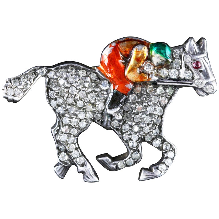 Antique Victorian Diamond Race Horse Brooch with Jockey 1.35 Carat ...