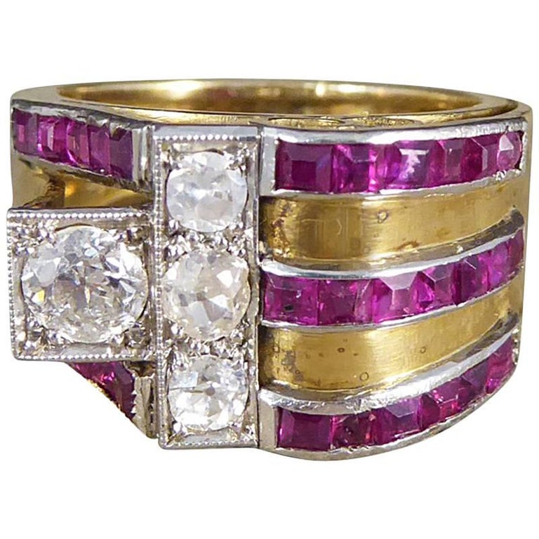 1940s Vintage Ruby and Diamond Cocktail Ring Set in 18 Carat Gold and ...