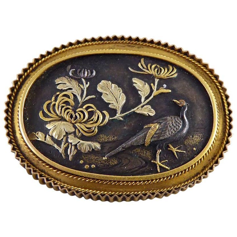 Beautiful Victorian Japanese Shakudo Bird Brooch in 15 Carat Gold at ...