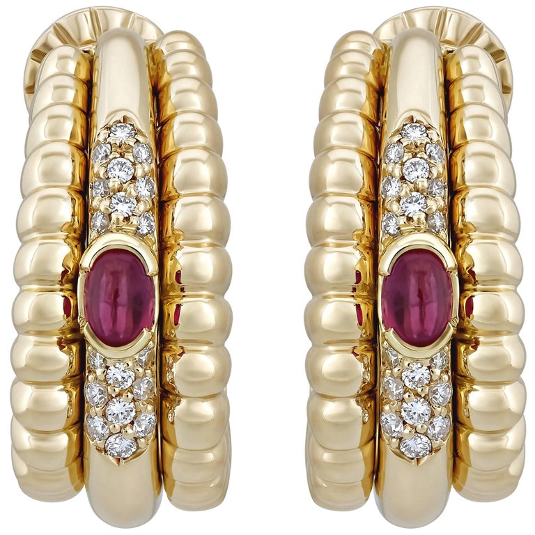 Piaget Yellow Gold Diamond and Ruby Huggie Earrings For Sale at 1stDibs
