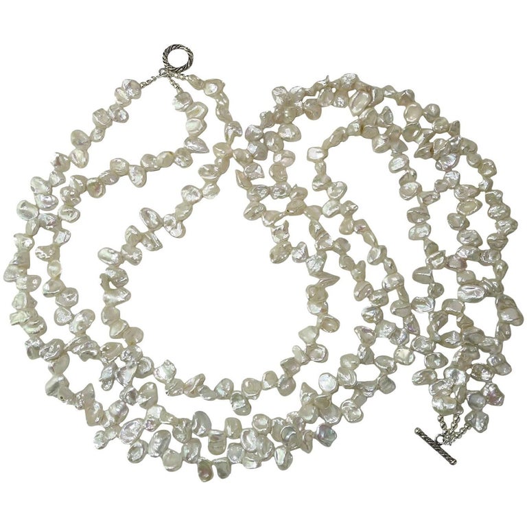 Triple Strand of Iridescent White Biwa Pearl Necklace with Sterling ...