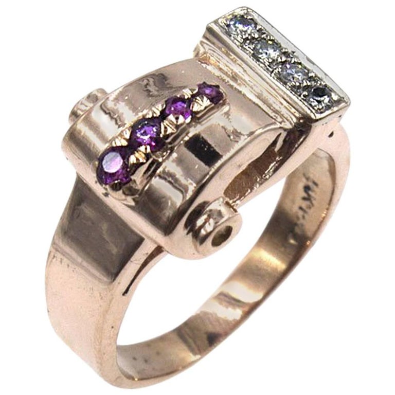Retro Rose Gold Diamond Ruby Buckle Ring For Sale at 1stDibs | rose ...