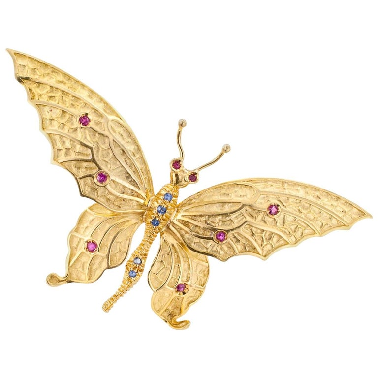 Tiffany and Co. 1960s Butterfly Ruby Sapphire Gold Brooch at 1stDibs