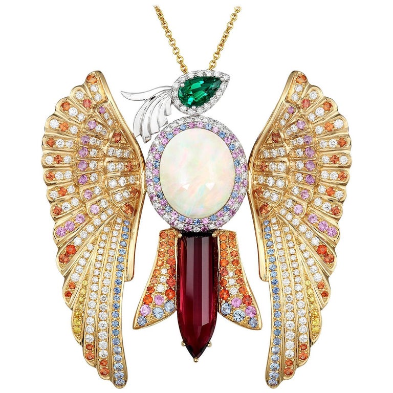 Sapphire Emerald Opal Rubelite White Diamond Gold Phoenix Pendant ...