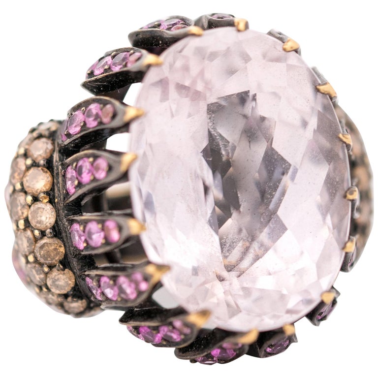 15 Carat Pink Kunzite, Sapphire and Diamond Cocktail Ring at 1stDibs