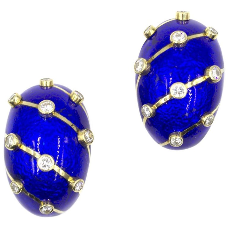 Tiffany and Co. Schlumberger Diamond Blue Enamel Ear Clips at 1stDibs