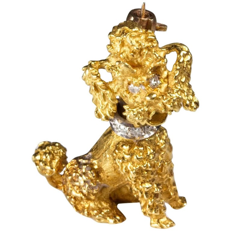 Gold Poodle Dog Pin with Diamond Collar and Eyes For Sale at 1stDibs