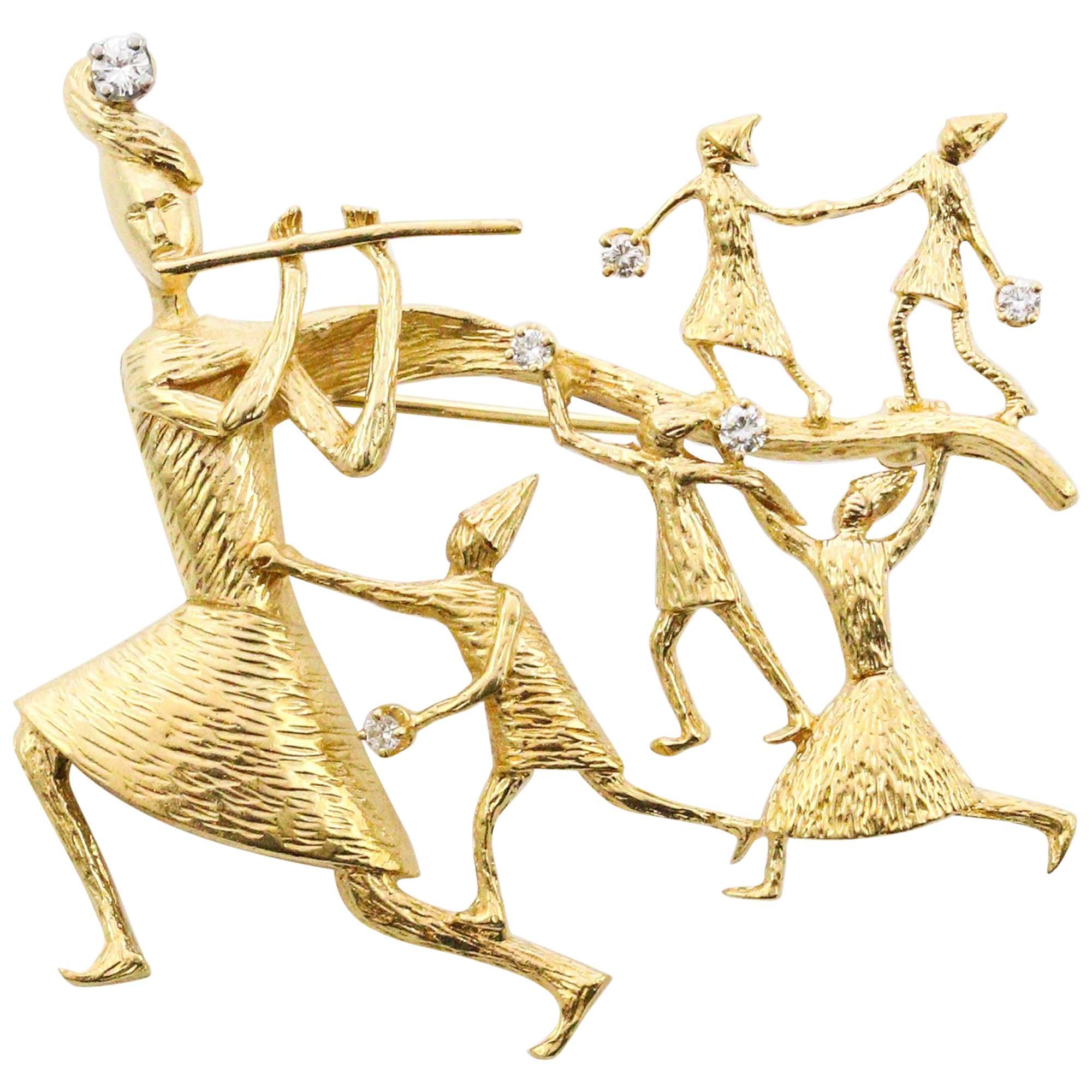 1970s Peter Lindeman 18 Karat Yellow Gold and Diamond Pied Piper Brooch ...