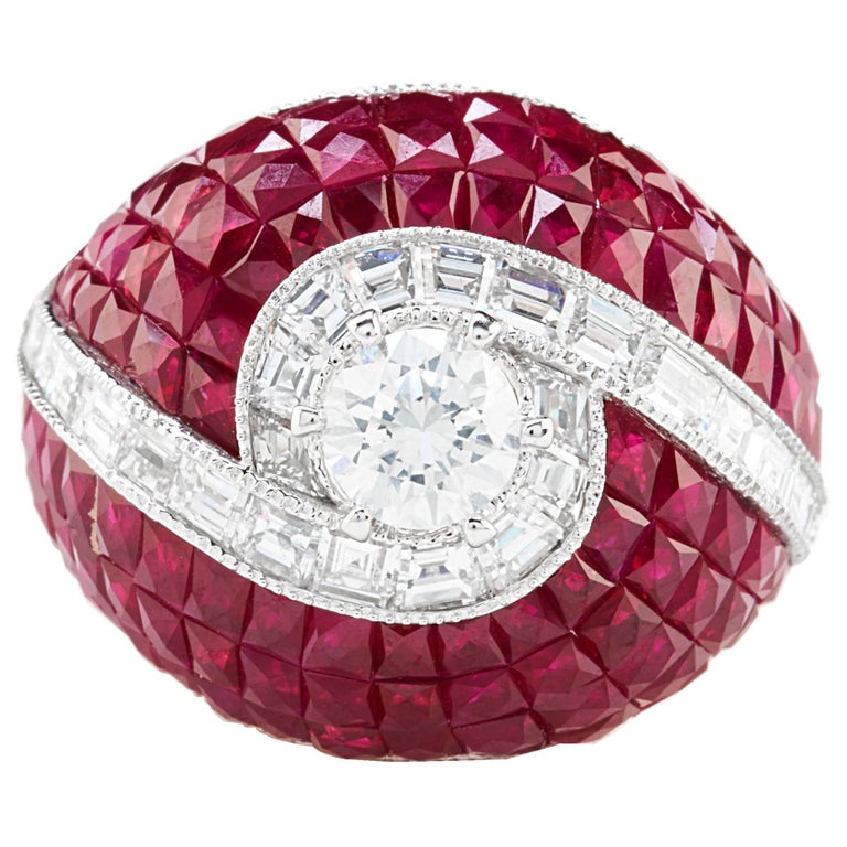 Vivid Red Ruby Diamond Swirl Dome Ring For Sale at 1stDibs