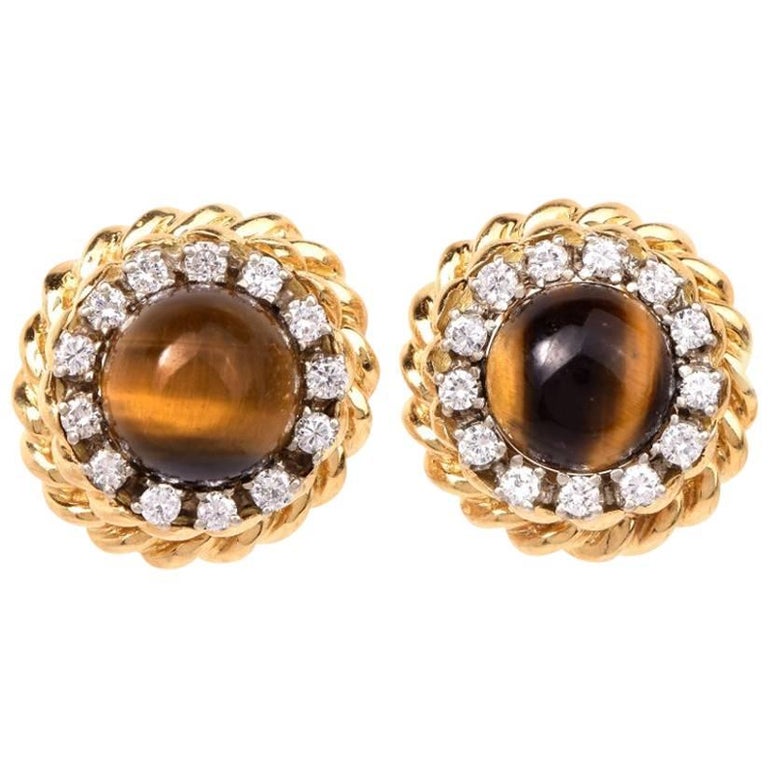 Vintage 1970s Tiger Eye Diamond Stud Gold Earrings at 1stdibs
