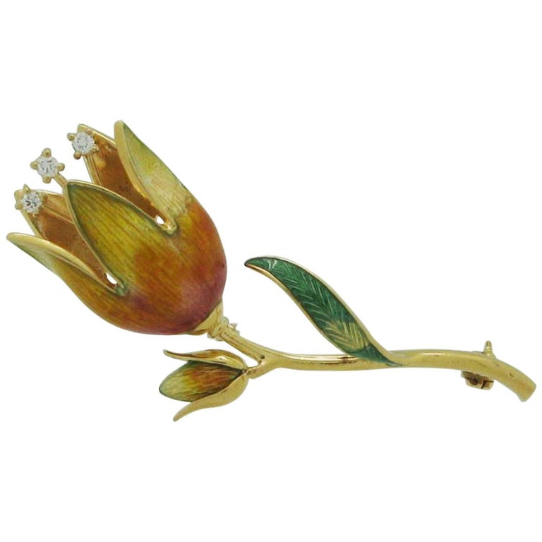 Yellow Gold Enamel Diamond Tulip Flower Brooch Pin at 1stDibs