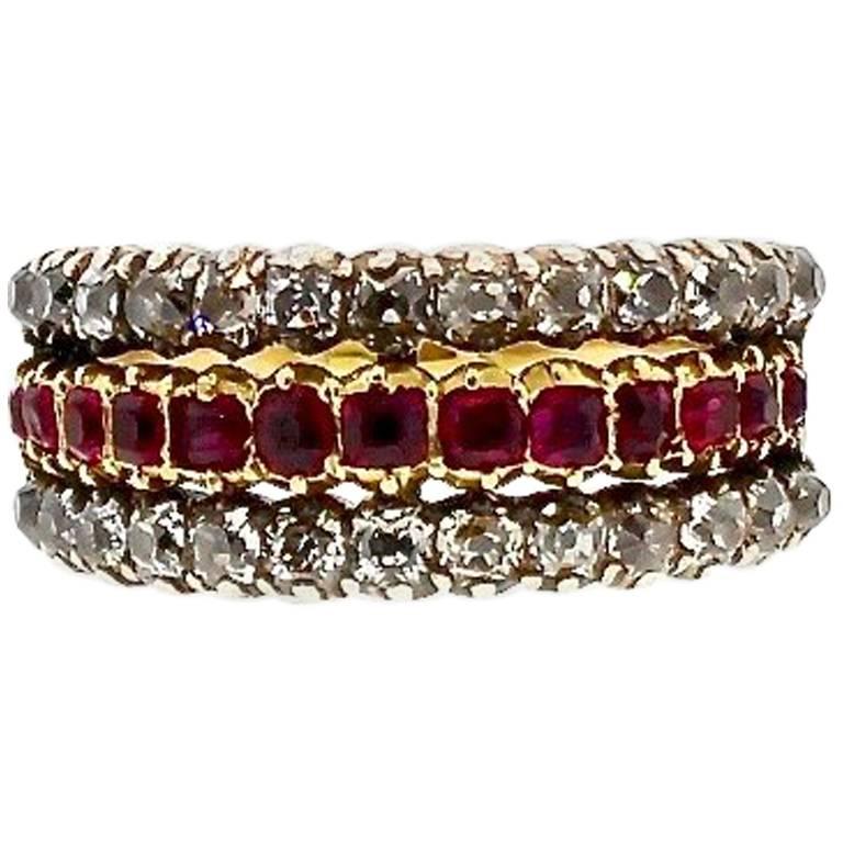 Antique Victorian Old Mine Cut Diamond Ruby Half Hoop Ring at 1stDibs