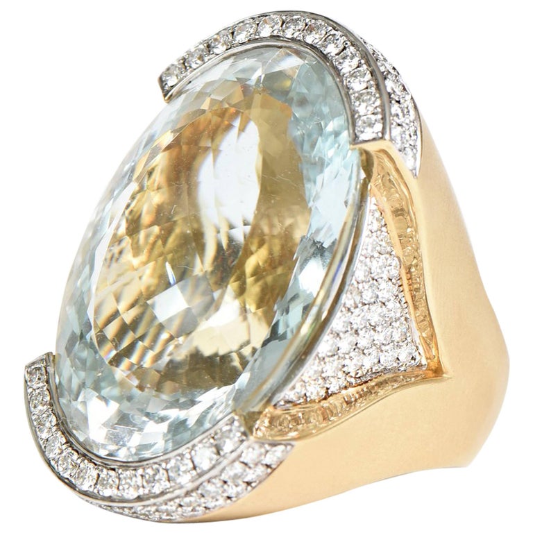 Custom Large Aquamarine and Diamond and 18 Karat Gold Cocktail Ring ...