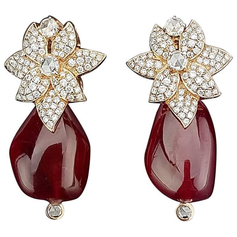 77.32 carat African Ruby Tumble Beads and Diamond Earrings at 1stDibs