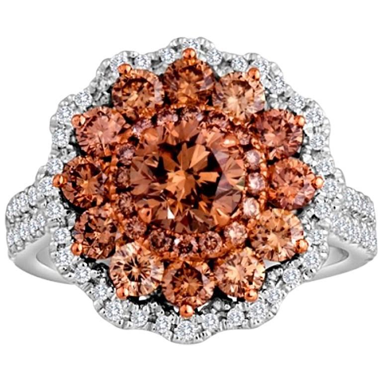 Champagne Diamond Triple Halo Two-Color Gold Ring Bridal Fashion ...