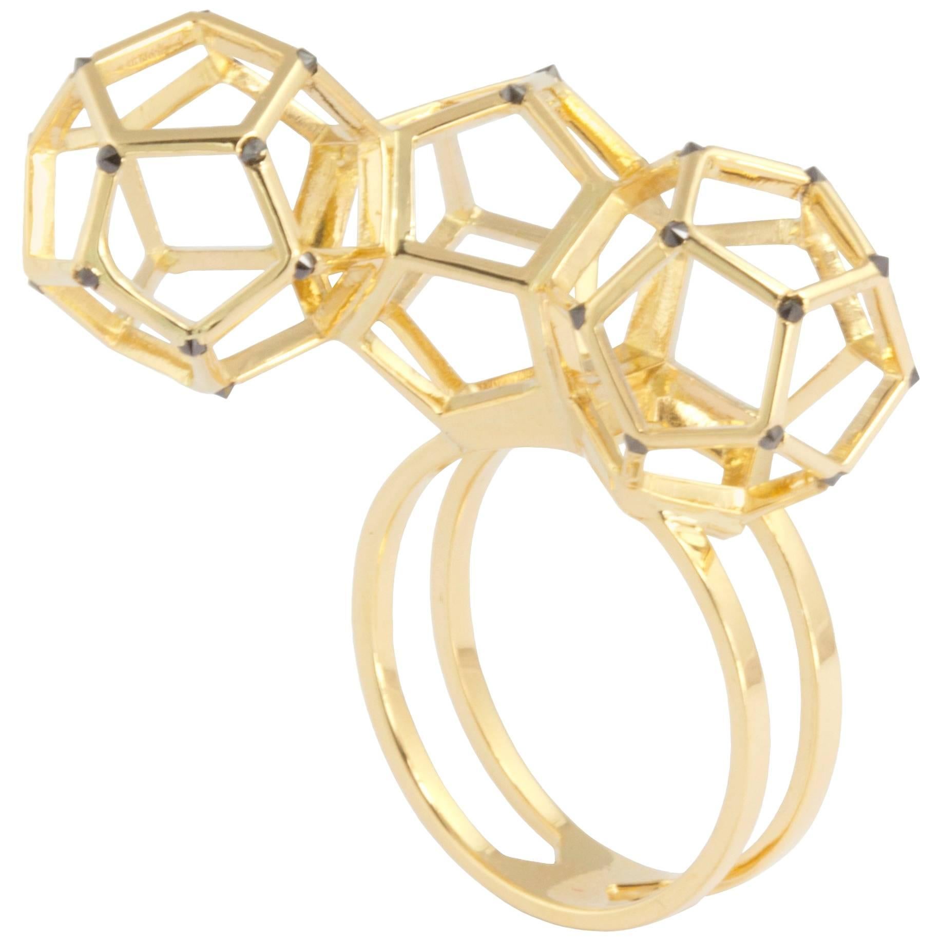 Triple Dodecahedron Ring 18 Karat Yellow Gold and Black Diamonds by ...