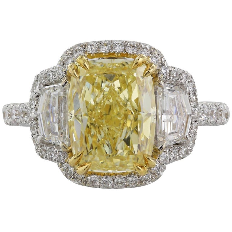 3.05 Carat GIA Certified Fancy Yellow SI2 Three-Stone Diamond Halo Ring ...