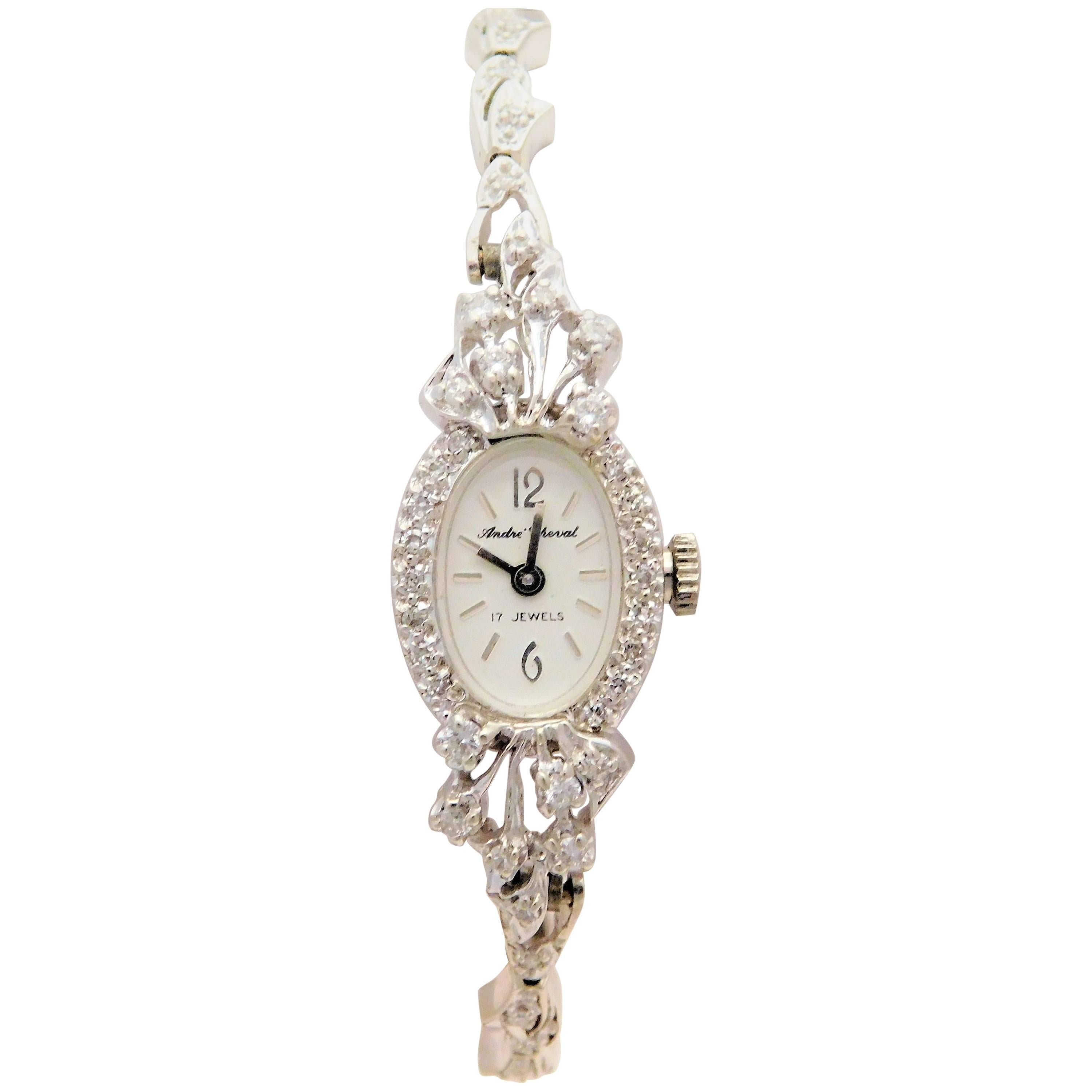 Andre Cherval Ladies White Gold Diamond art deco wristwatch at 1stDibs