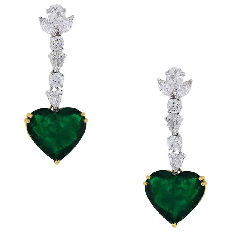 Heart Shape Emerald Diamond Drop Earrings at 1stDibs