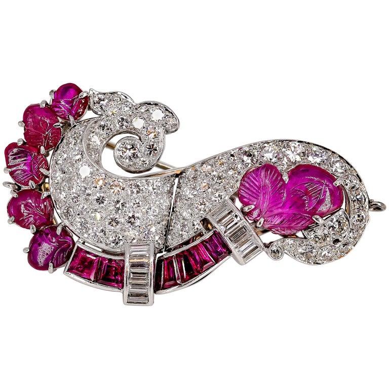 Art Deco Ruby, Diamond and Platinum Double Clip Brooch at 1stDibs