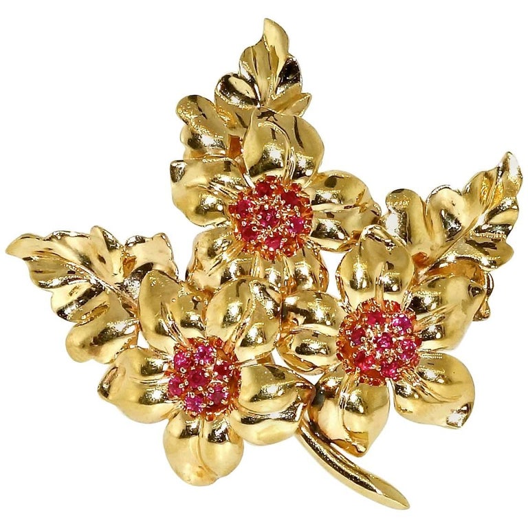 Retro Ruby and Gold Maple Leaf Brooch at 1stDibs