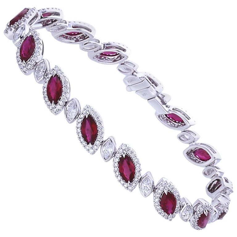 6.19 Carat Marquise Ruby Diamond 18 Karat Gold Bracelet For Sale at 1stDibs