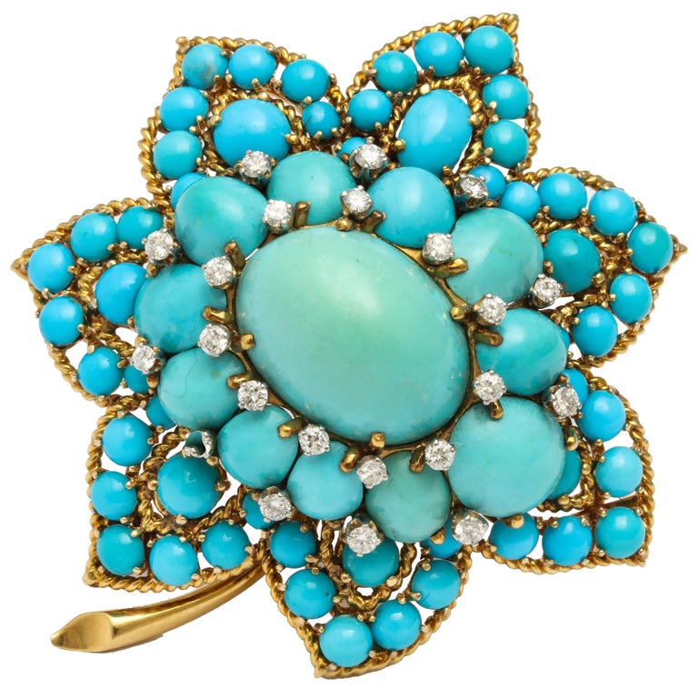 Van Cleef and Arpels Turquoise Diamond Gold Brooch at 1stDibs | van ...